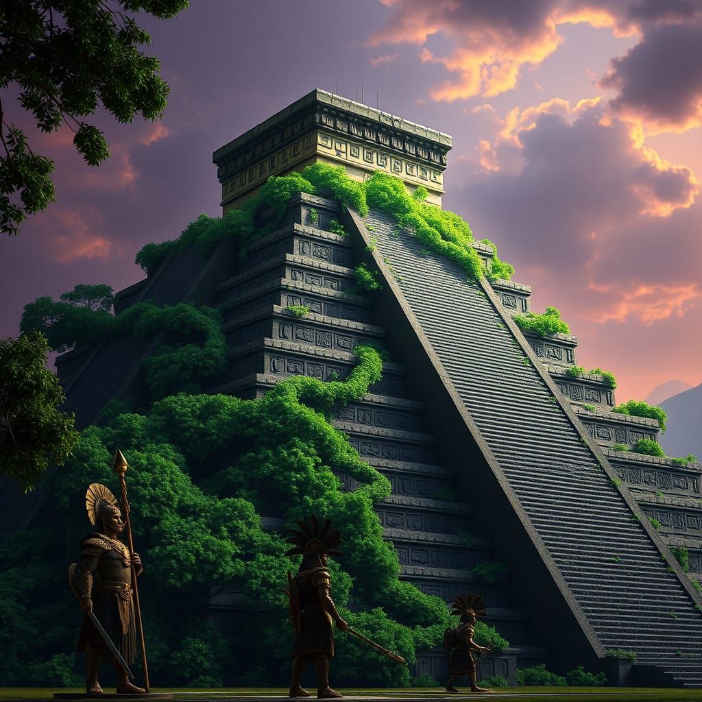 Aztec Pyramid Enveloped in Emerald Vines and Exoti... - AI Art