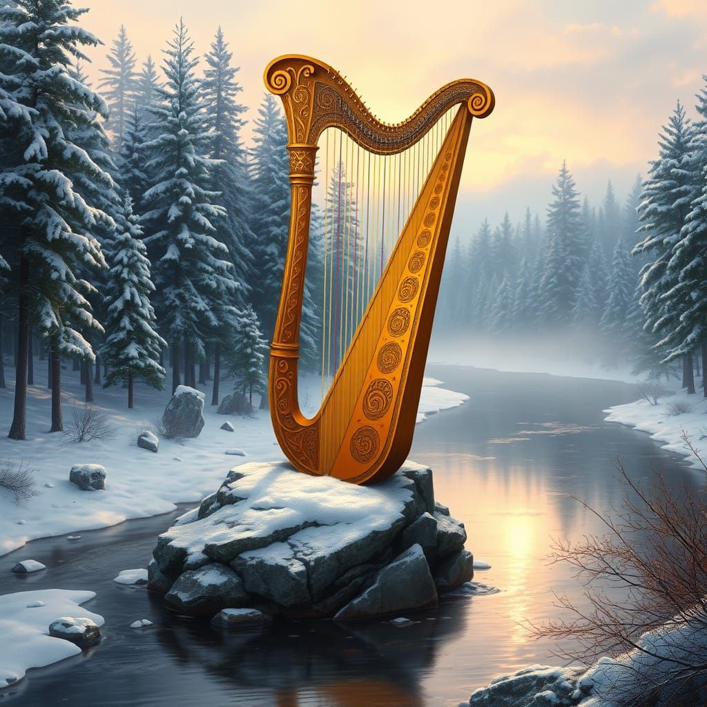 Ancient Celtic Harp Under Golden Dawn in Pine Fore... - AI Art