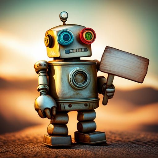clunky robot holding a friendly sign - AI Generated Artwork - NightCafe ...