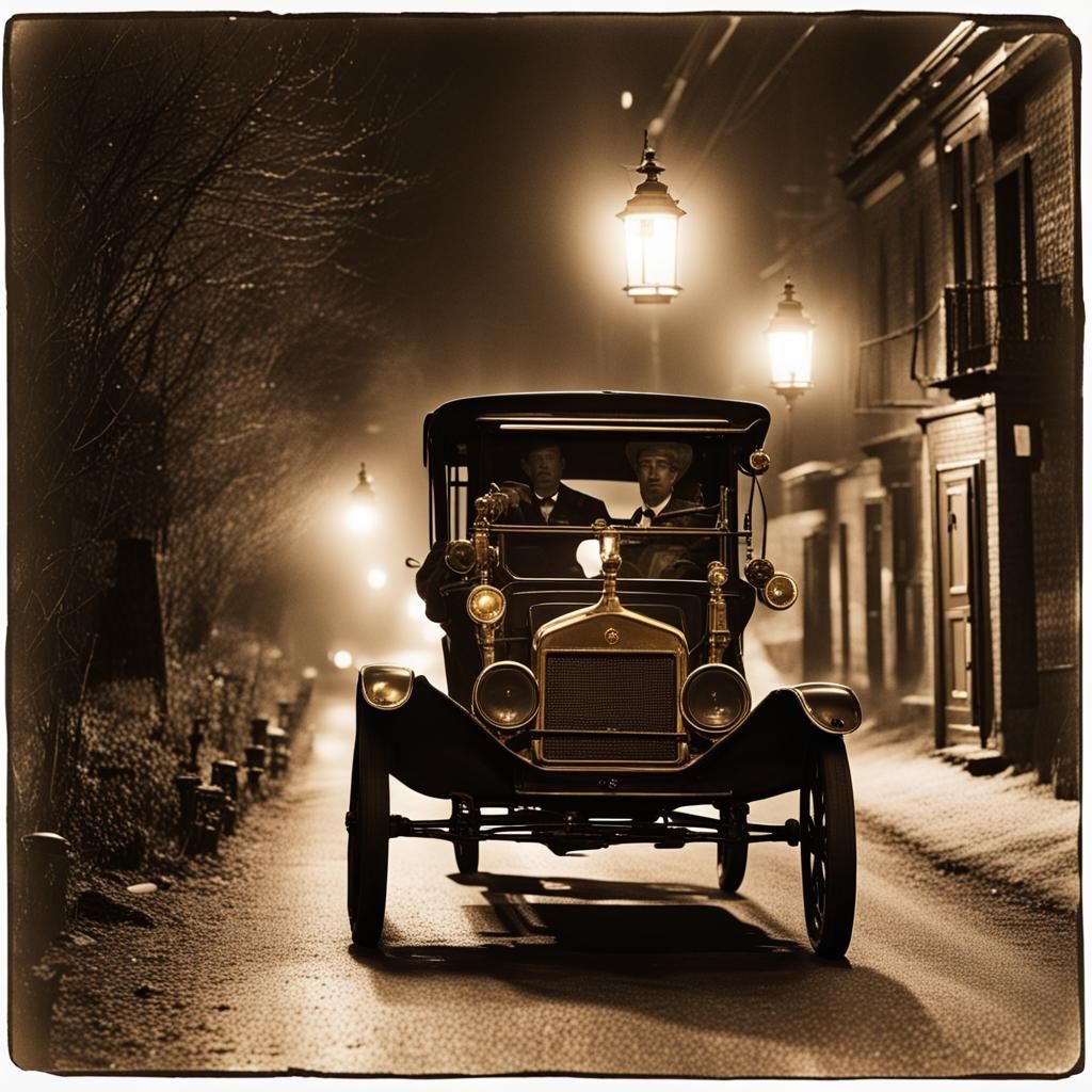 model t driving down a narrow road at night. - AI Generated Artwork ...