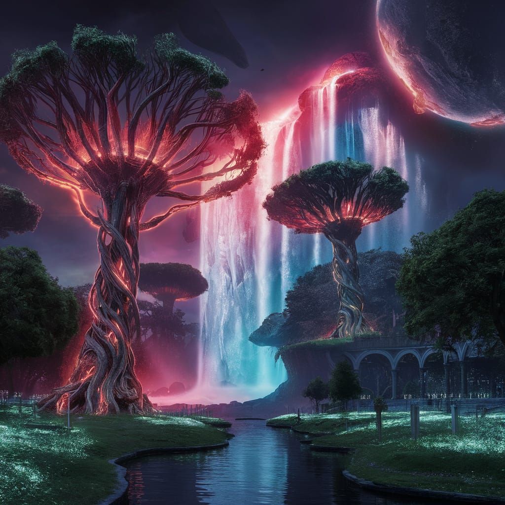 Cosmic Waterfall in the Ancient Forest - AI Generated Artwork ...