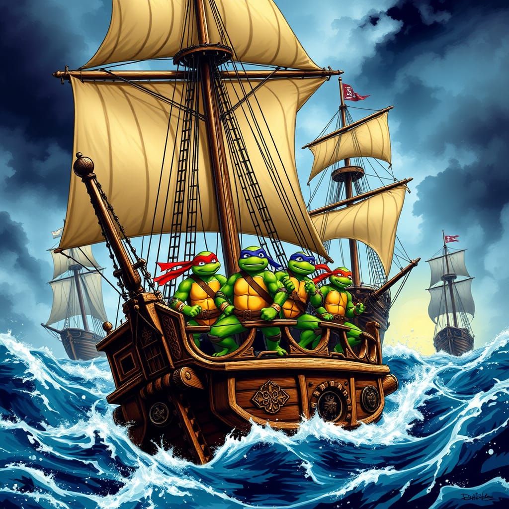 Turtle Ninjas on a Stormy Sea Adventure in Dark Fa... - AI Art