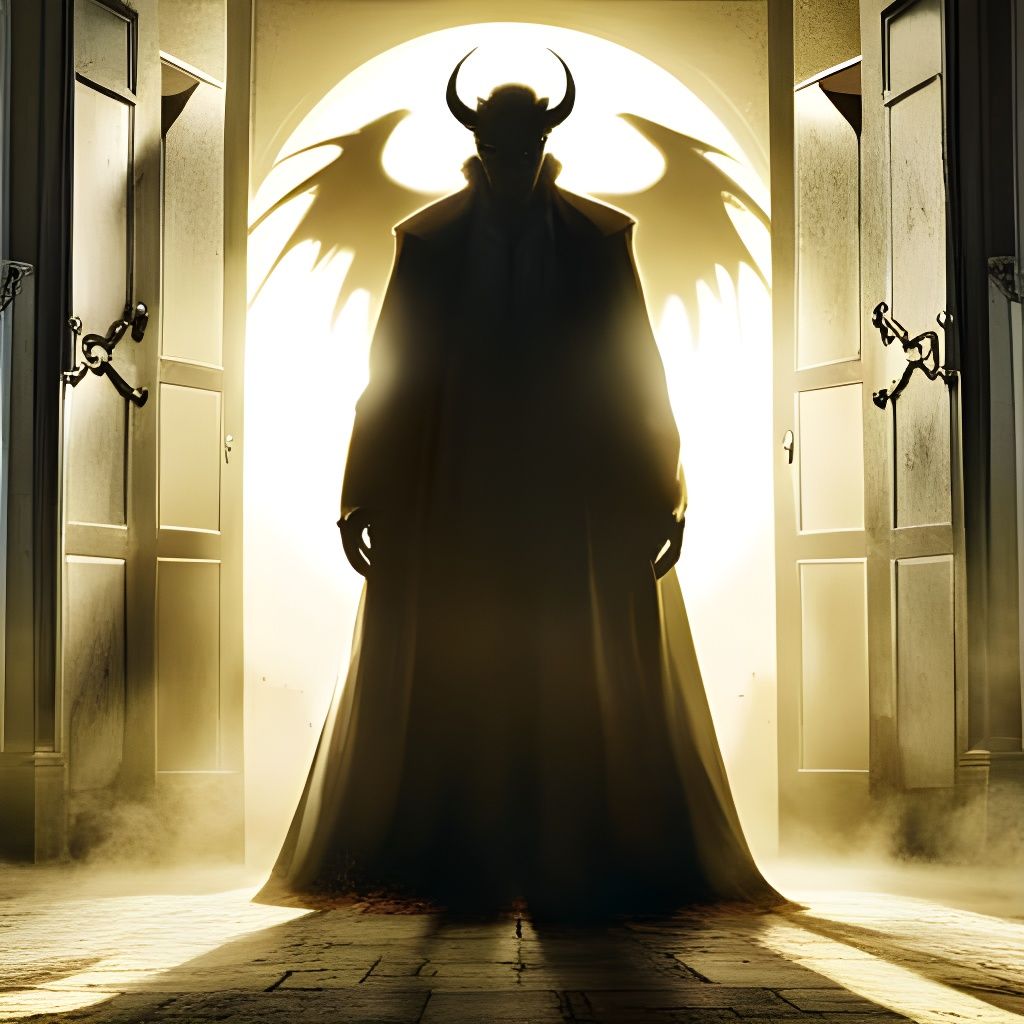 Tall thin evil scary demon standing in doorway, epic light source ...