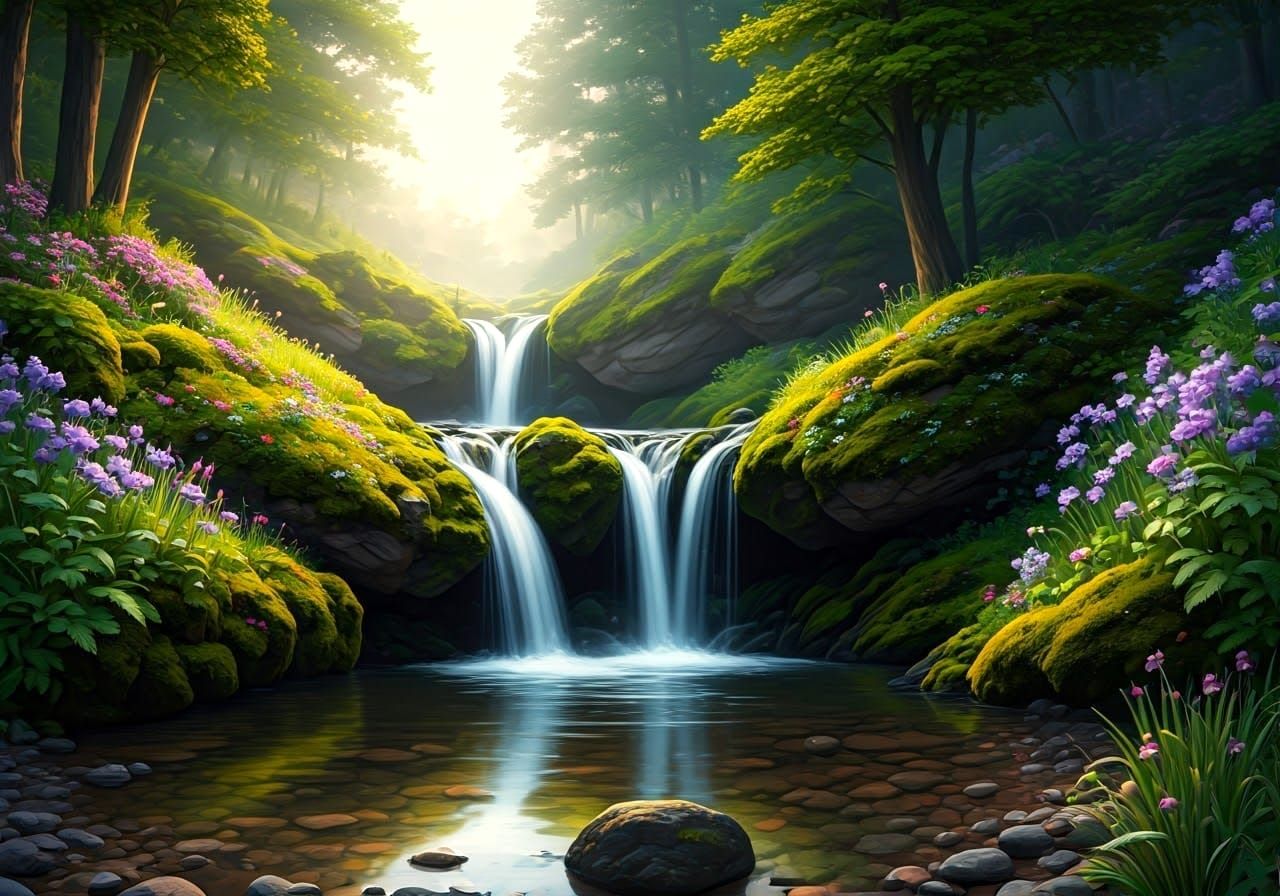 On a hillside water flows over a rock to form a puddle of water.