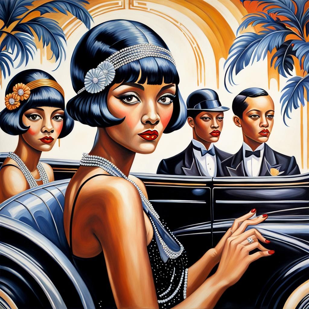 portrait, art deco, cute black flappers limousine, neo-impressionism ...