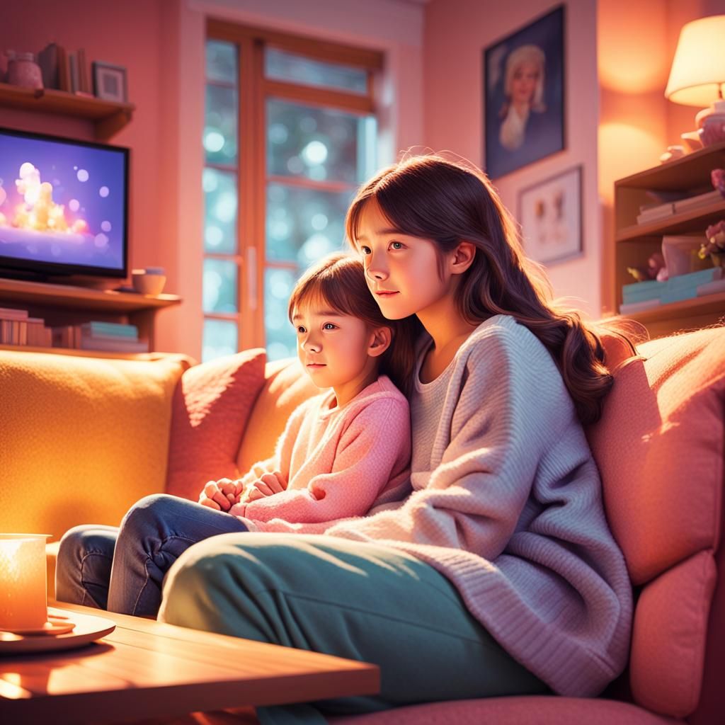 A Mother and Daughter Relax Together in a Cozy Fam... - AI Art