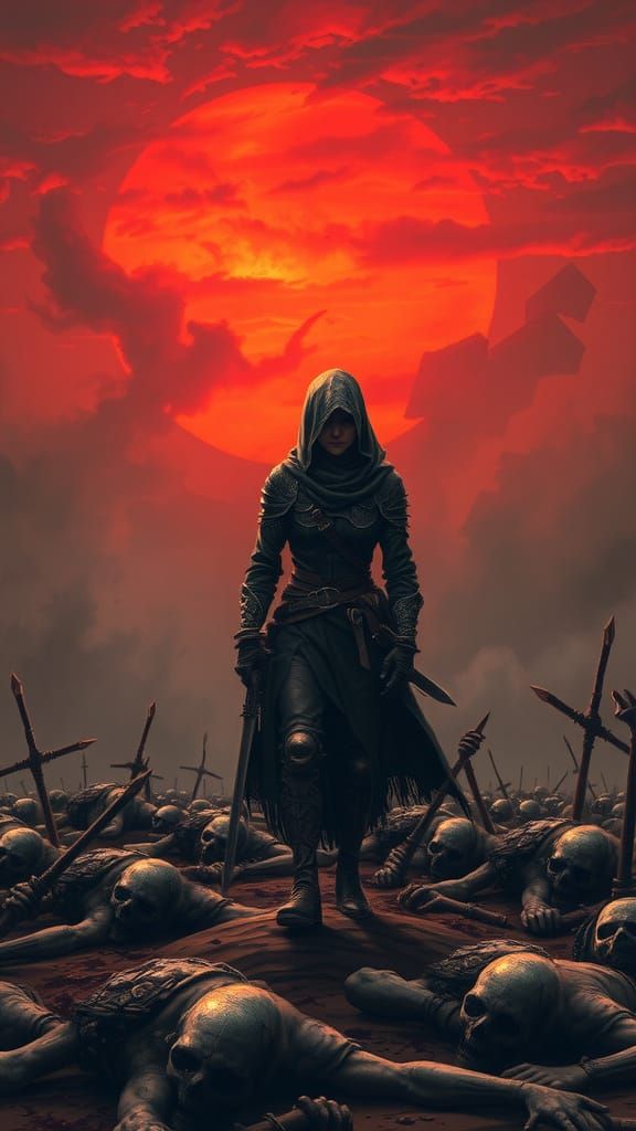 Back view of an assassin woman on a battle field covered by corpses ...