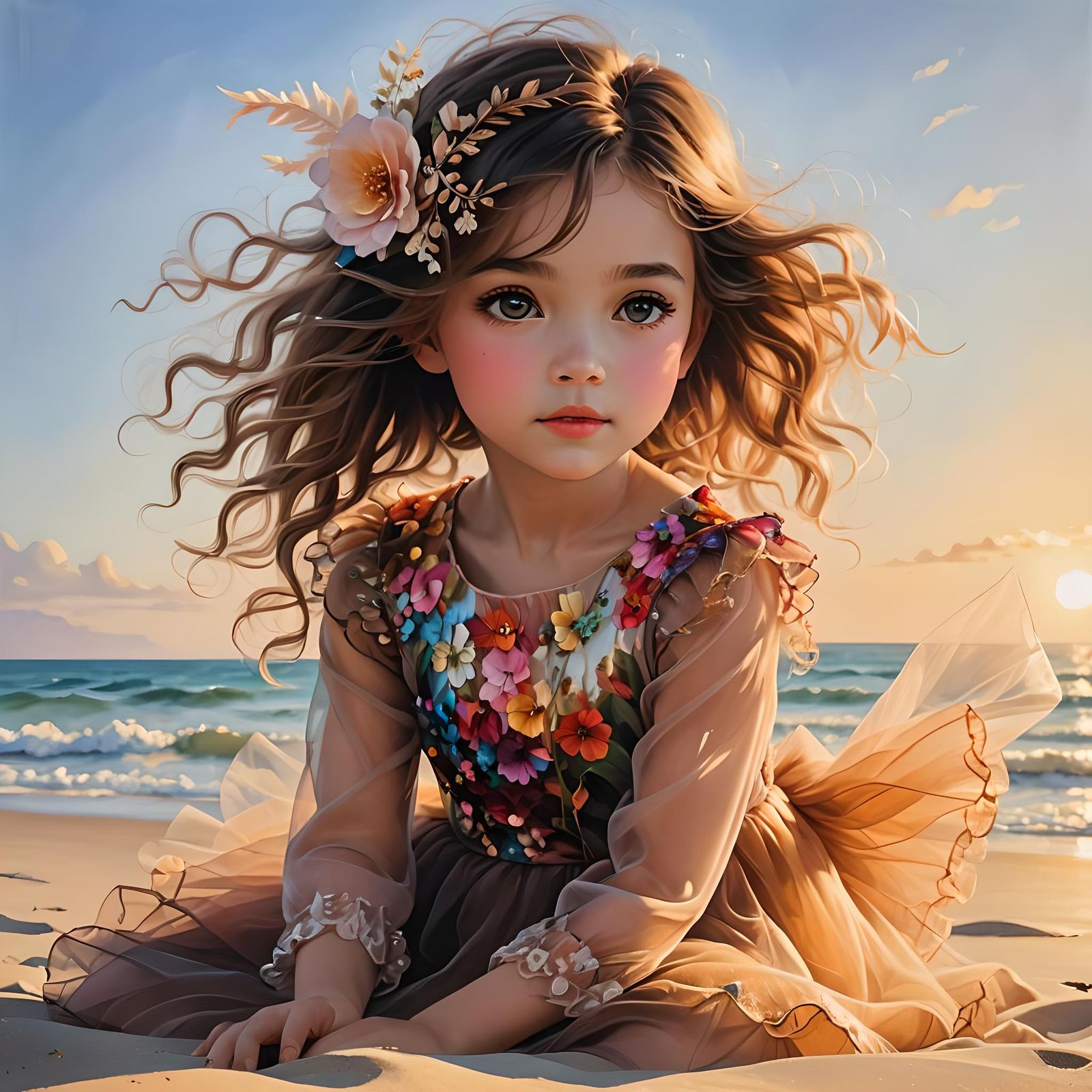 Closeup of a cute girl in a tulle dress on the beach, masterpiece oil painting, 3d shadowlight ...