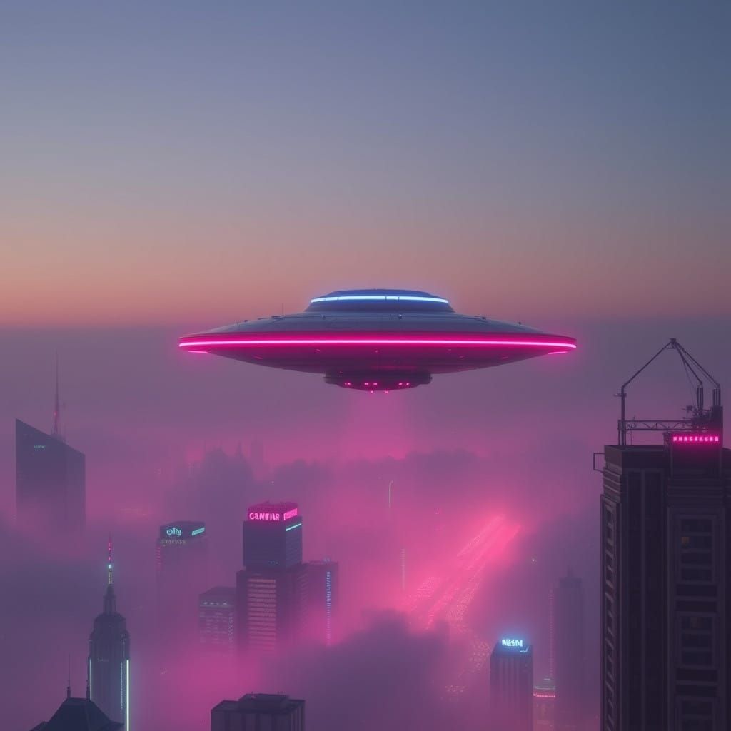 Synthwave UFO - Synthwave UFO Hovers above Retro-Futuristic ...