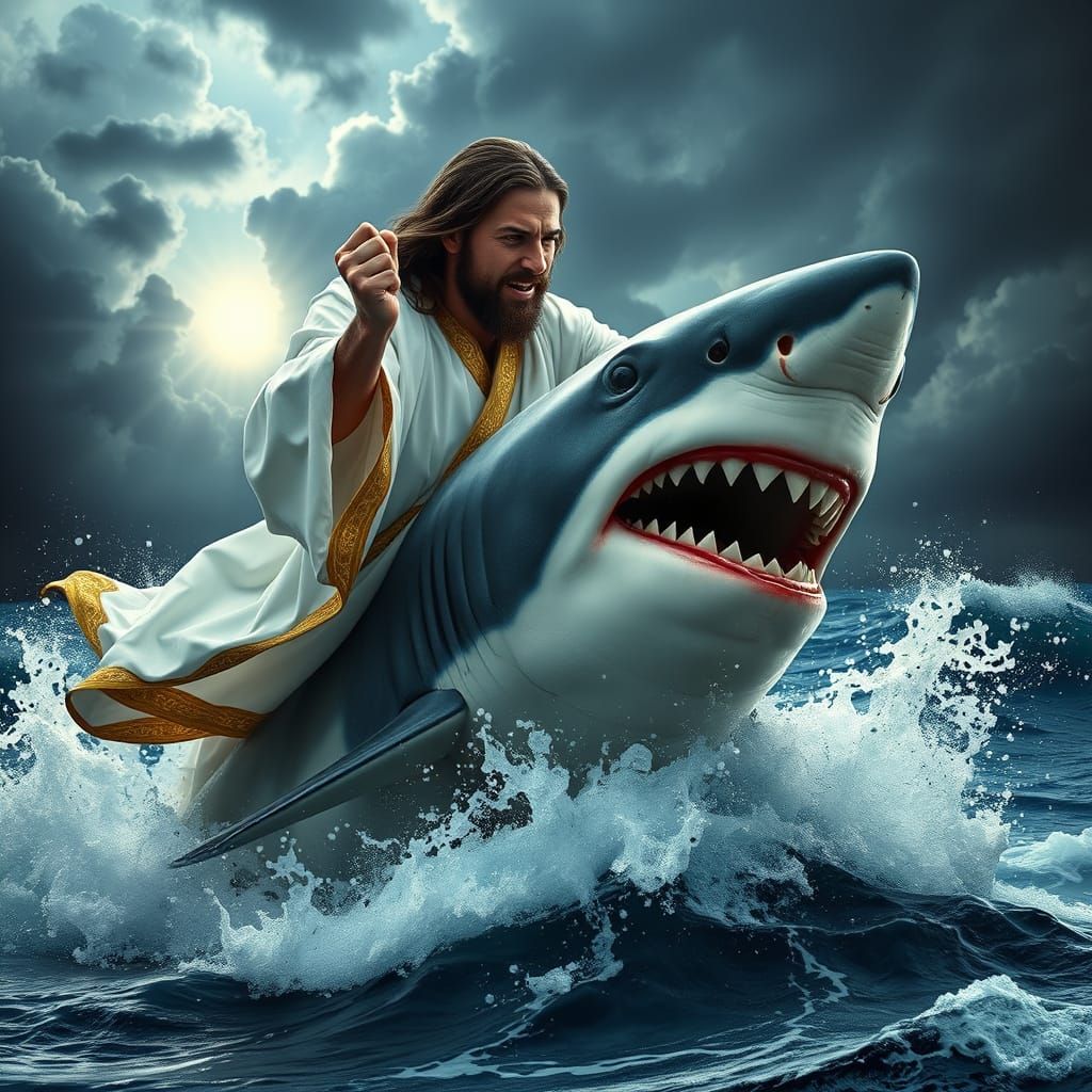 Jesus punching a huge shark at sea - Jesus Battles a Massive...