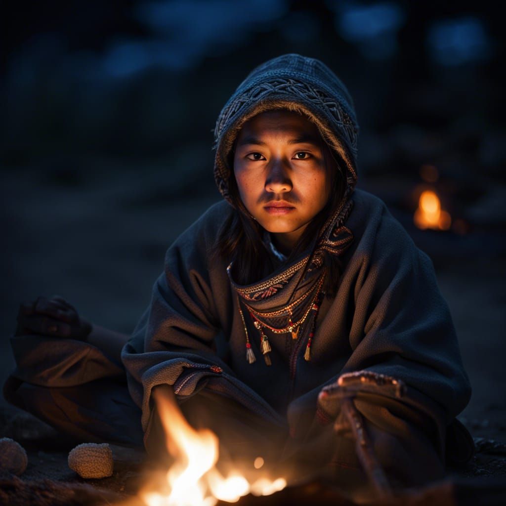 Young Mongol girl sitting by a campfire at night, rough nomad clothing ...
