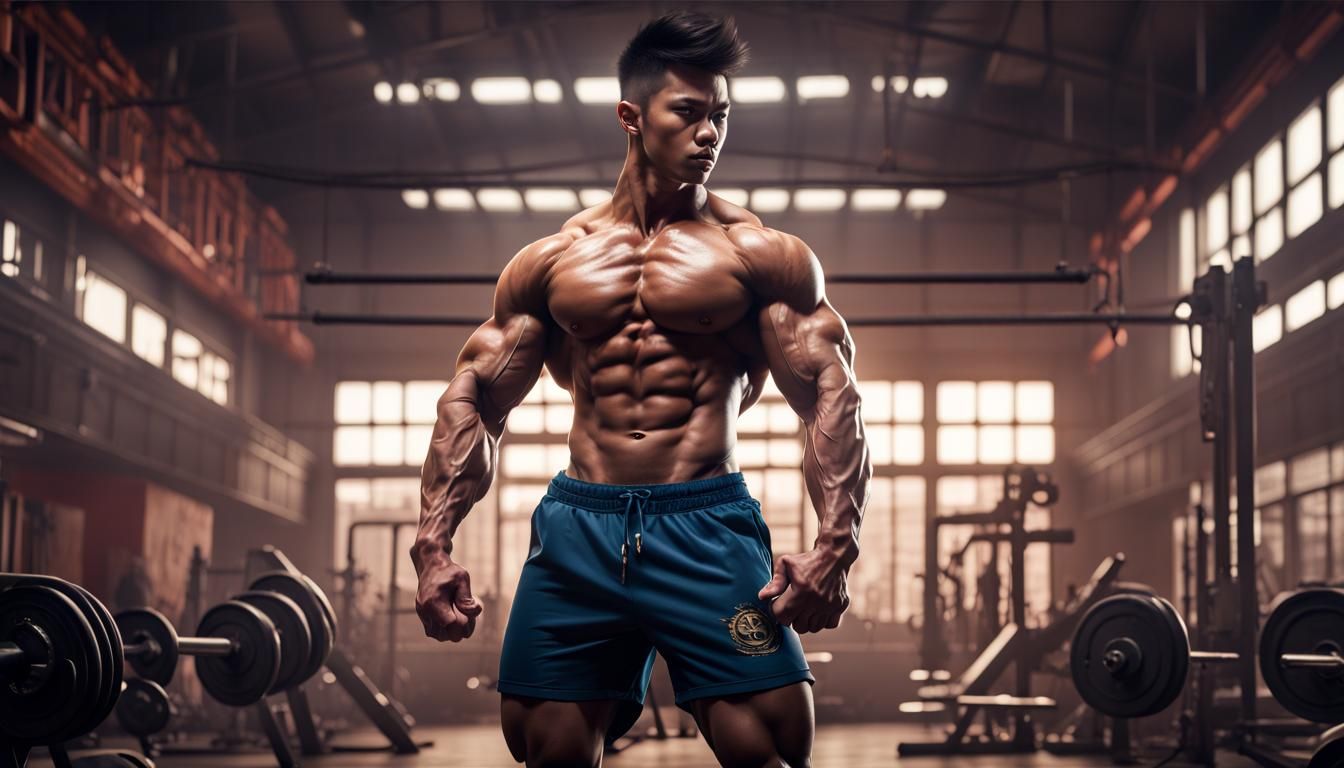 Thai highschooler teen, huge muscle bodybuilder physique, gym around ...