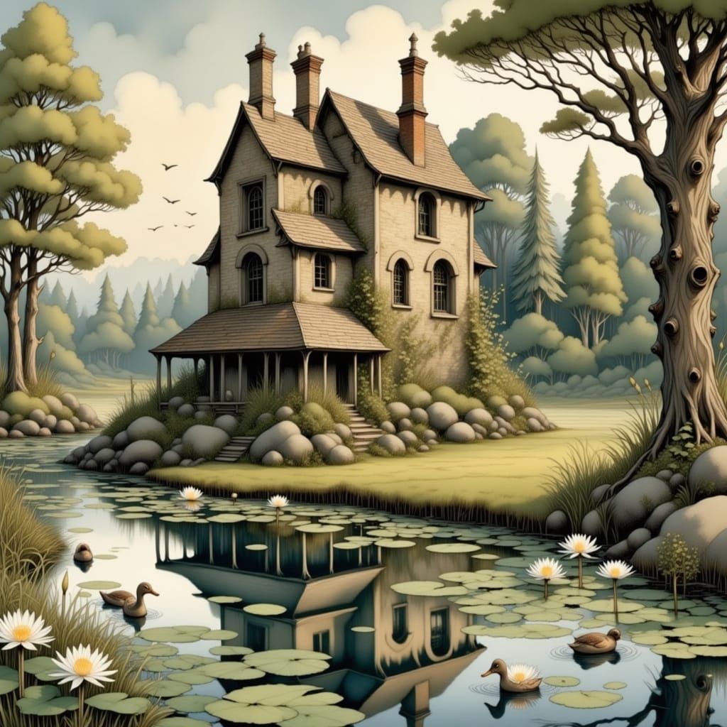 Ducks swimming around the lilies The ruins of the old manor house stand ...