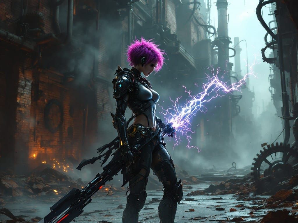 Android Warrior in Steampunk Ruins - AI Art