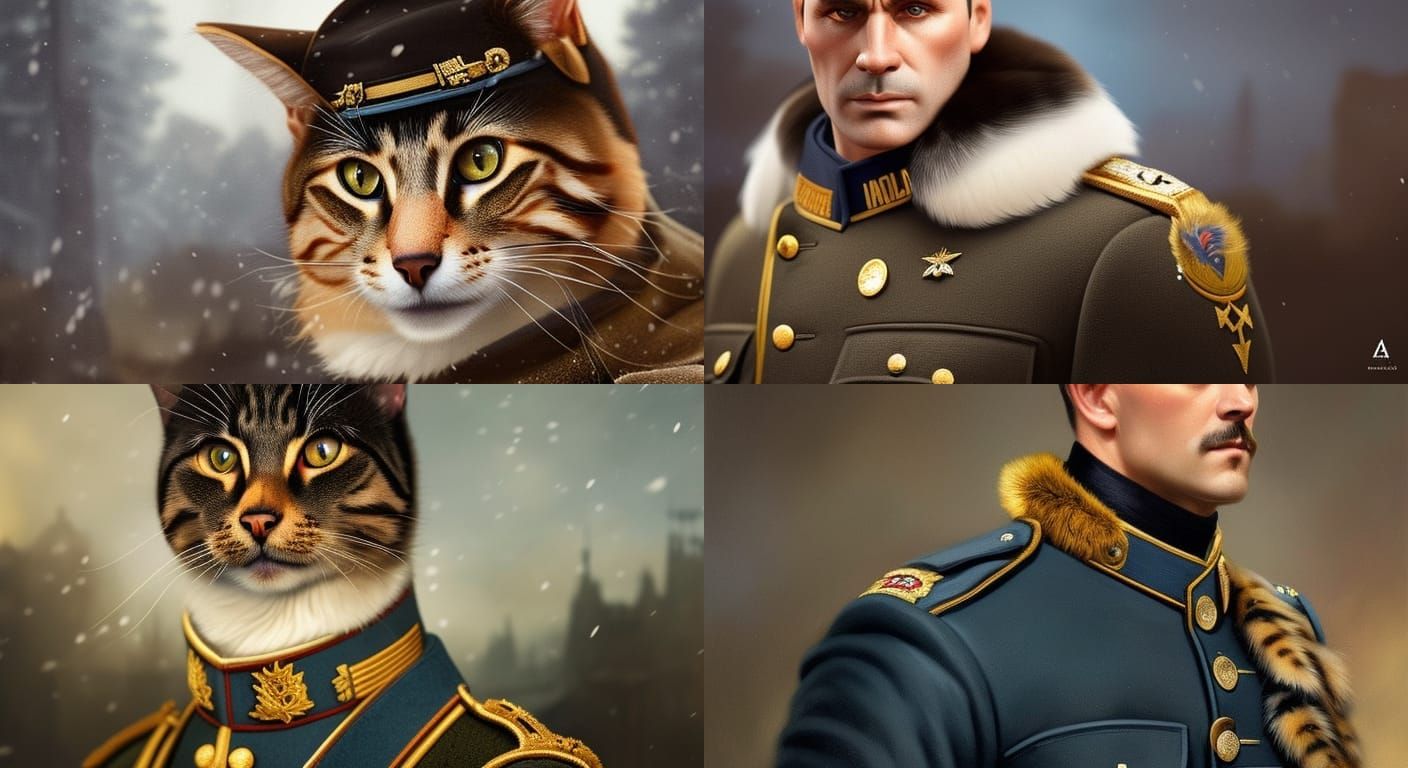 a cat military officer with beautiful fur,in warm blue and gold WWI ...