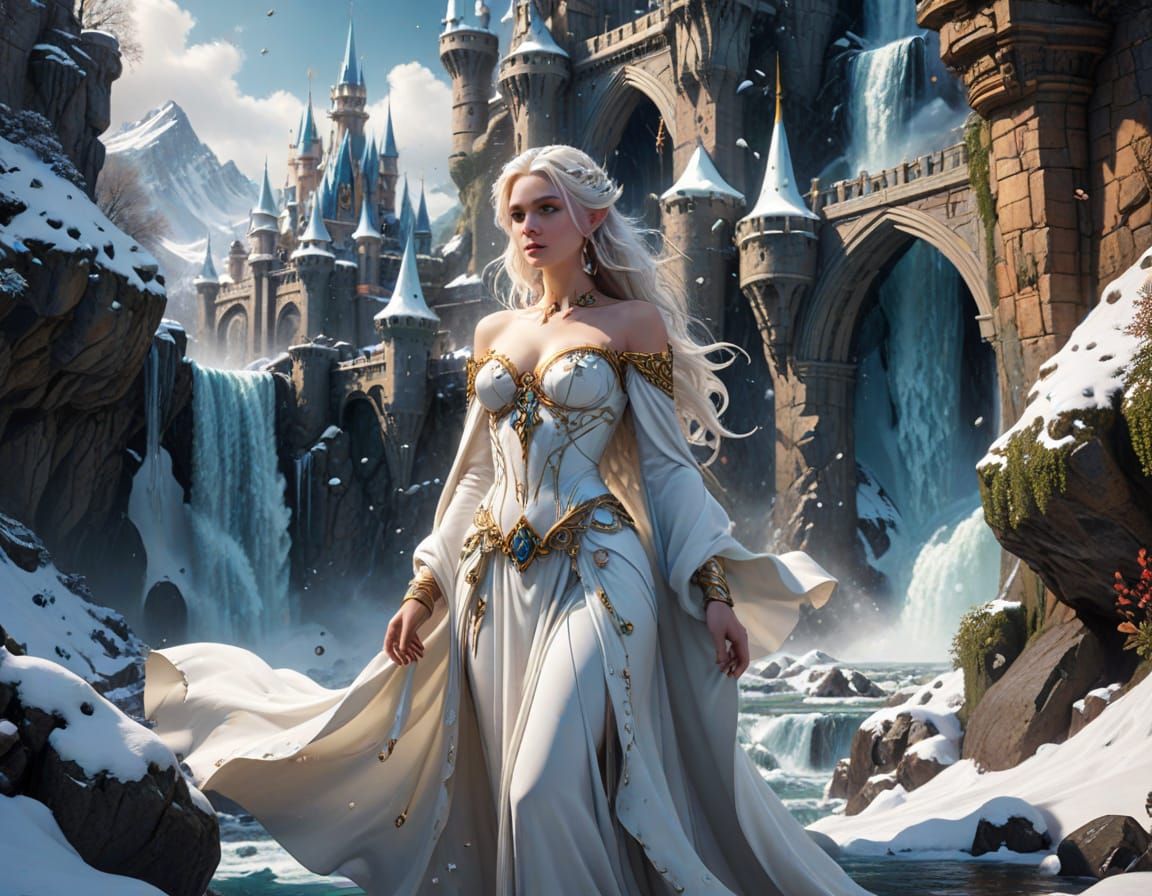 Snow Elf Queen in Majestic Winter Castle - AI Art