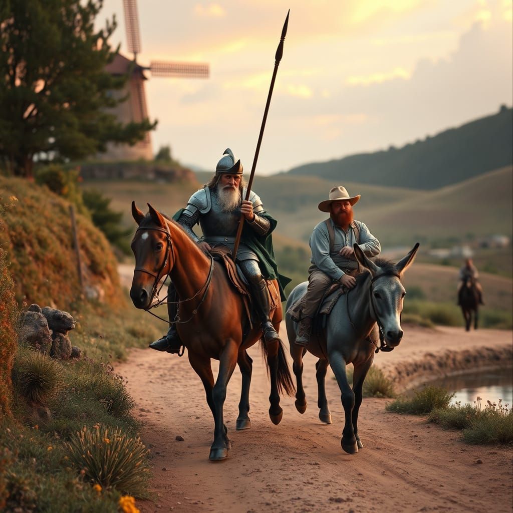 Don Quixote - Don Quixote in Rustic Armor Rides Beside Faith...