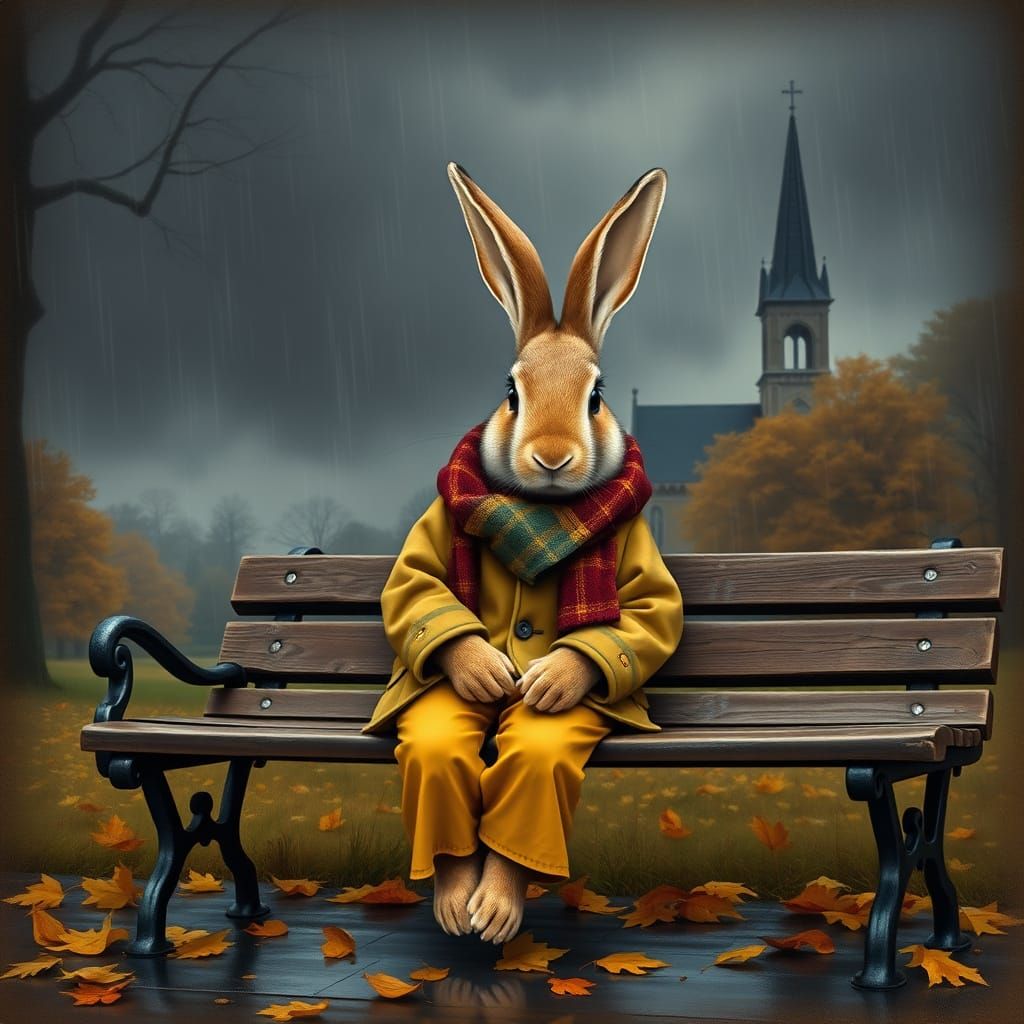 illustration rabbit sits on a park bench. The rabbit is a light brown ...