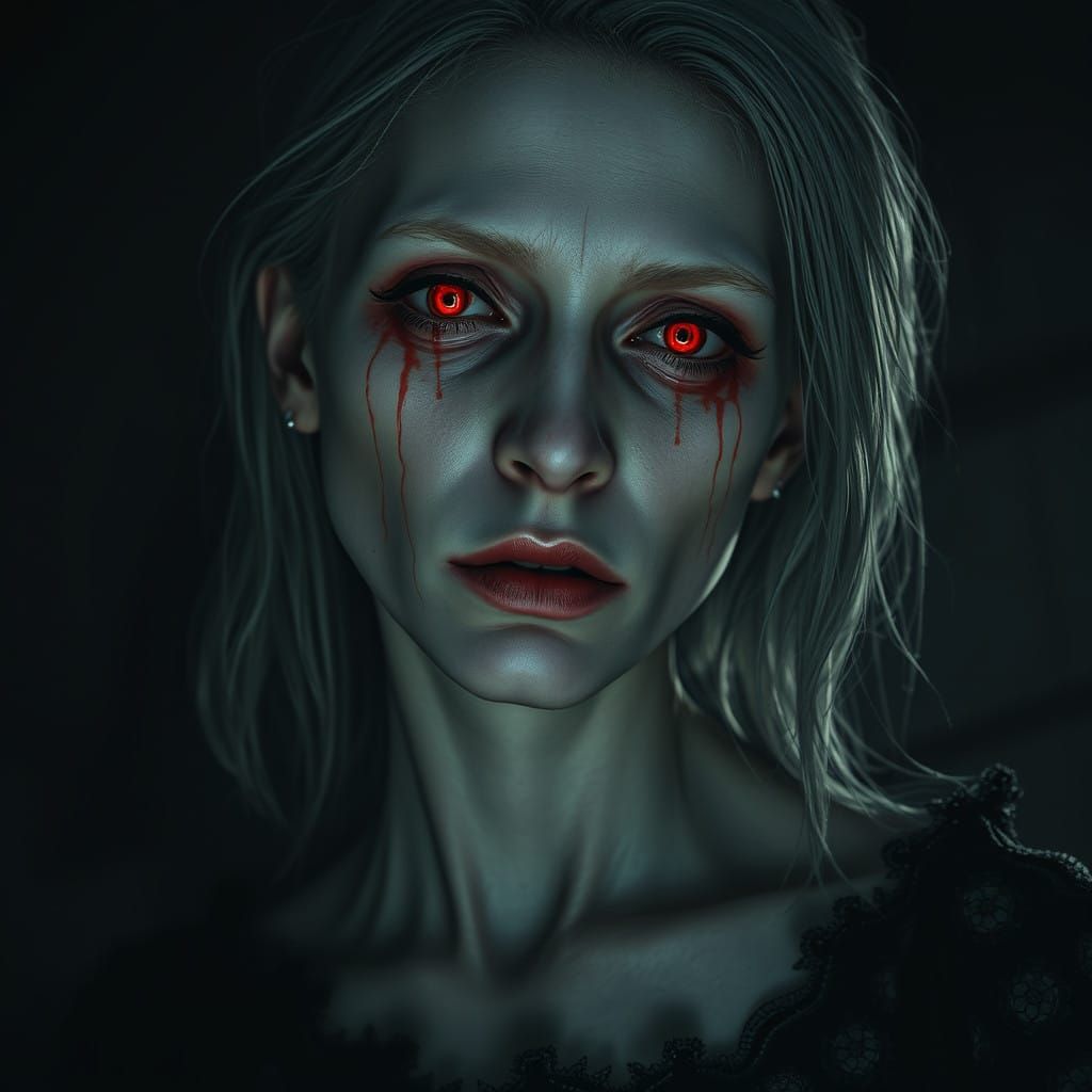 A haunting image of a lady in a head and shoulder pose, her eyes bleeding red tears in so much pain.