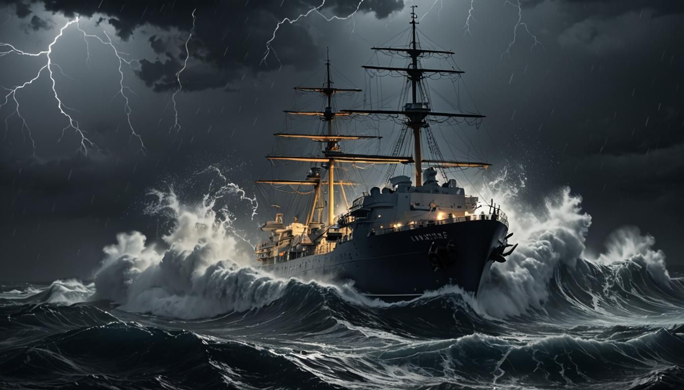 dark dreary haunting night, ocean wave crashing over a majestic modern ...