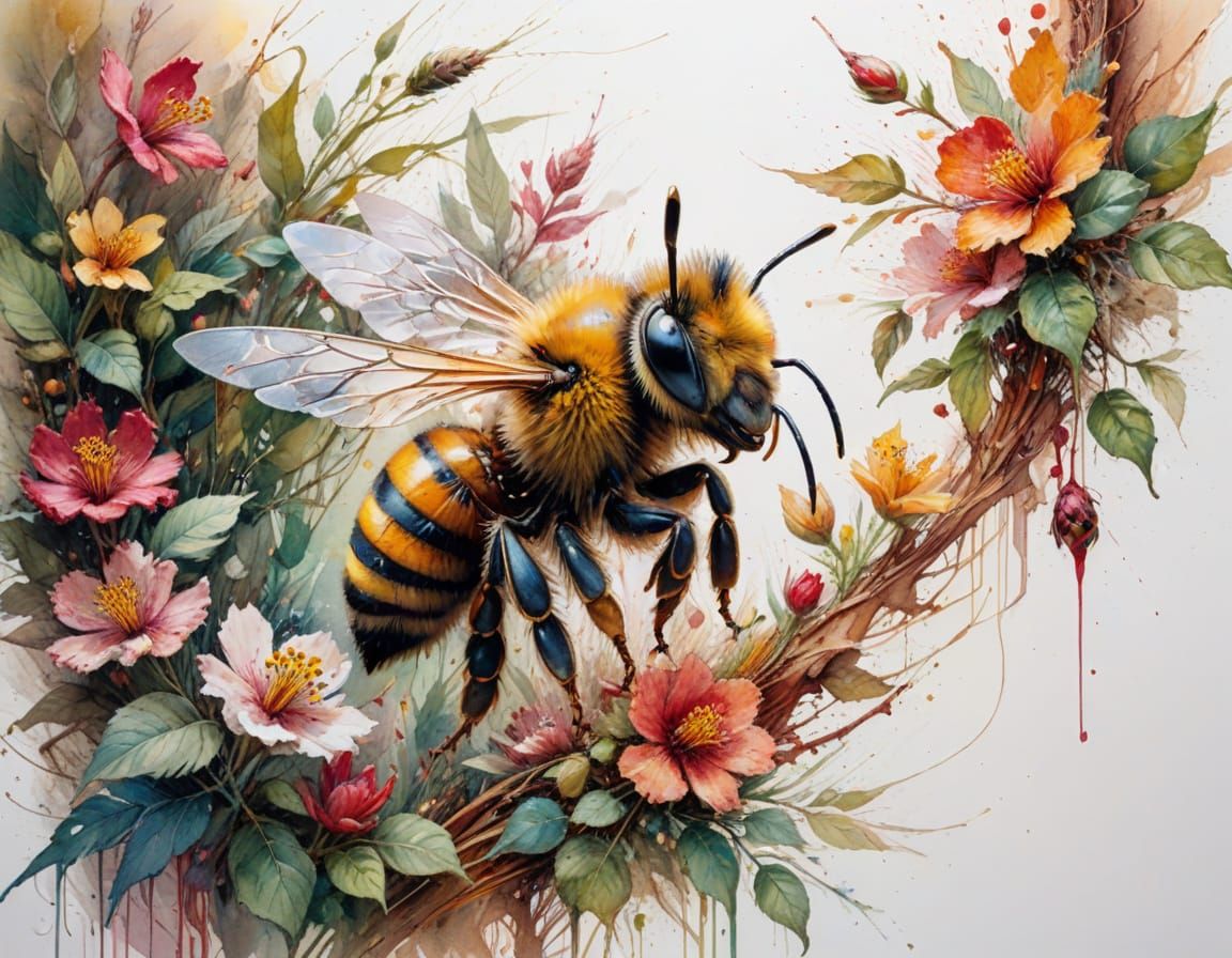 Surreal Bees Amidst Jungle Temple in Sunset Radian... - AI Art