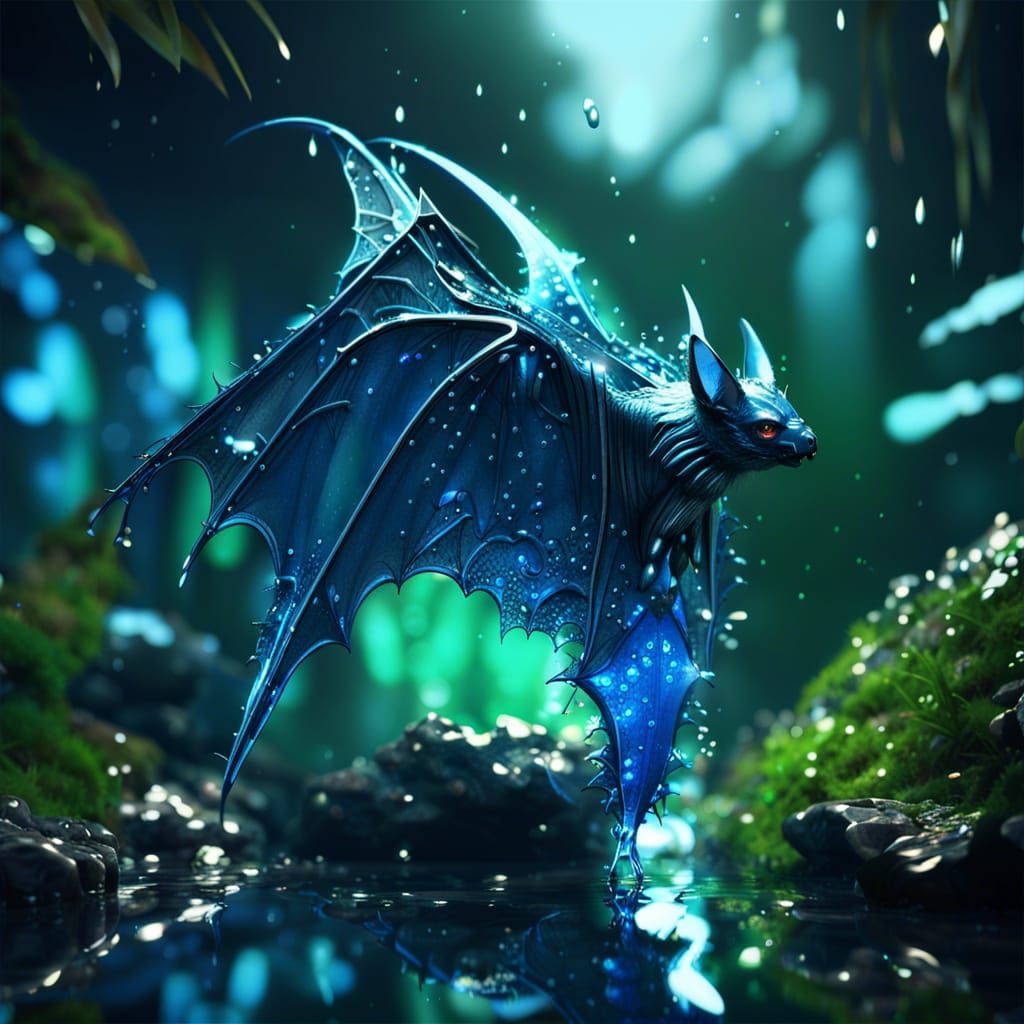 blue reflective metallic bat ,water splash,magnificent detailed shiny ...