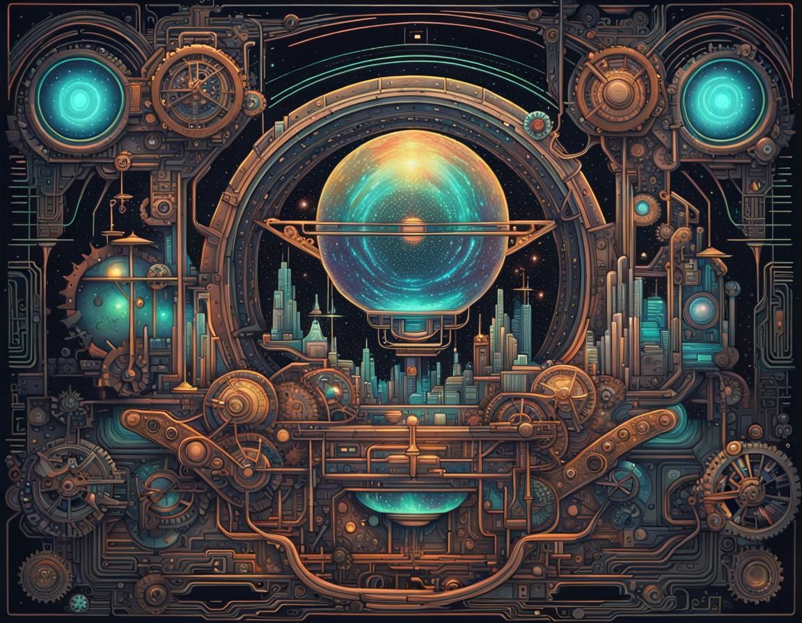 made of intricate neon lines and dots, resembling a blend of cubism and ...