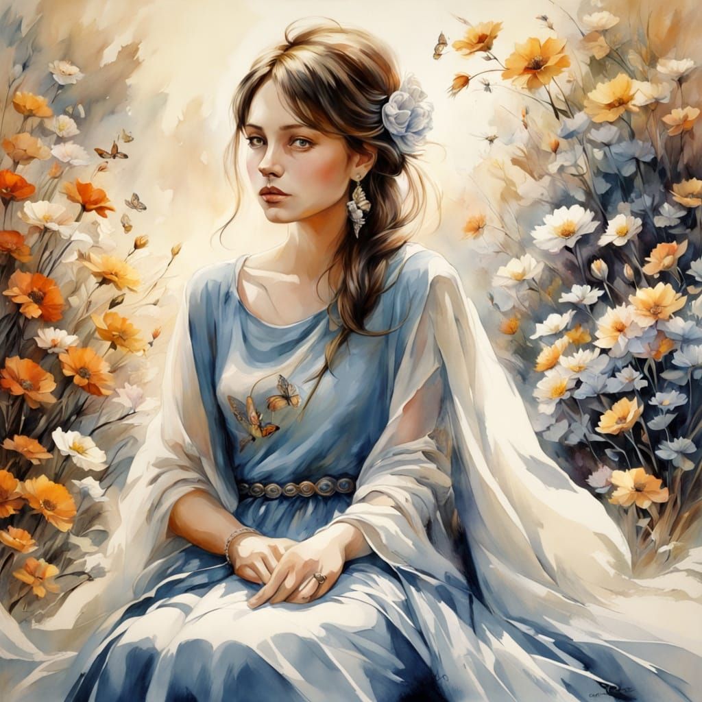 Woman in Whimsical Flower Field Portrait - AI Art