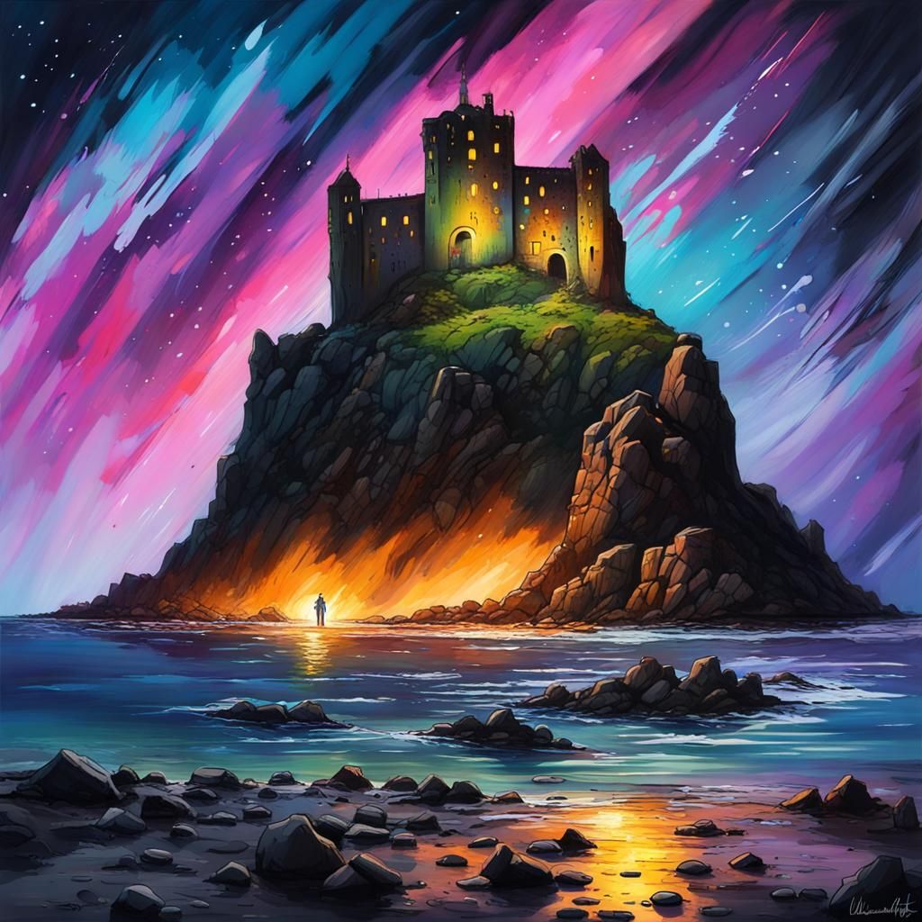 Kinbane Castle at night during a meteor shower - AI Generated Artwork ...