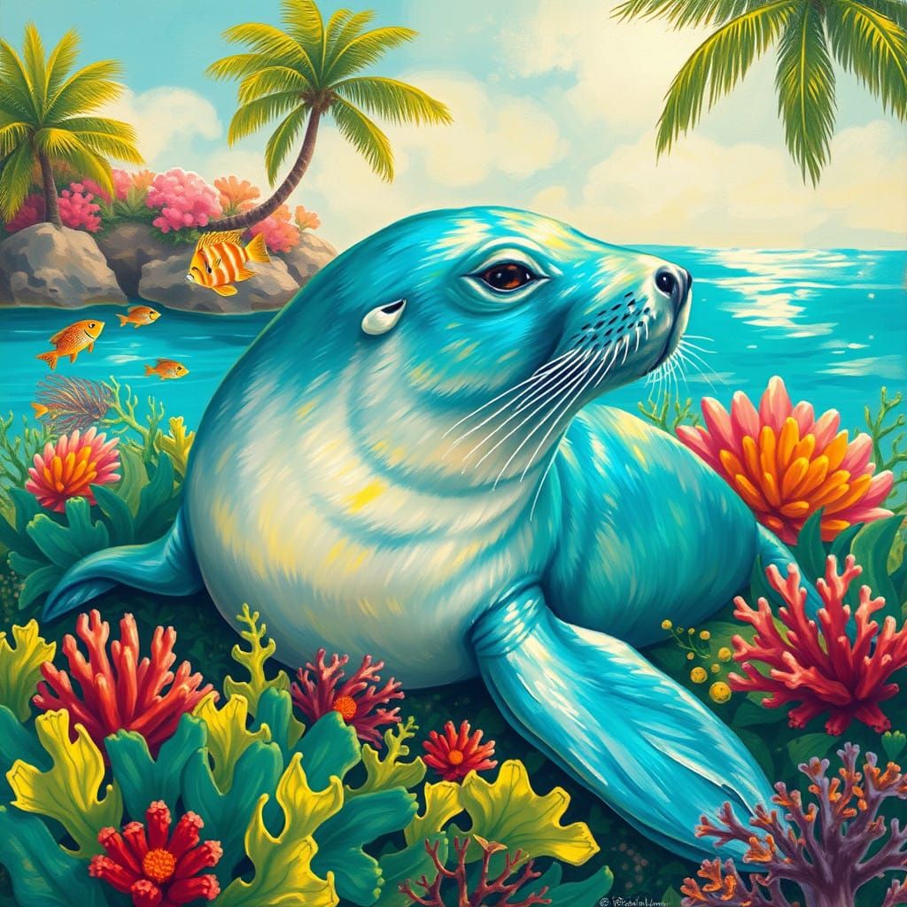 Seal in a beautiful colorful bright tropical scenery