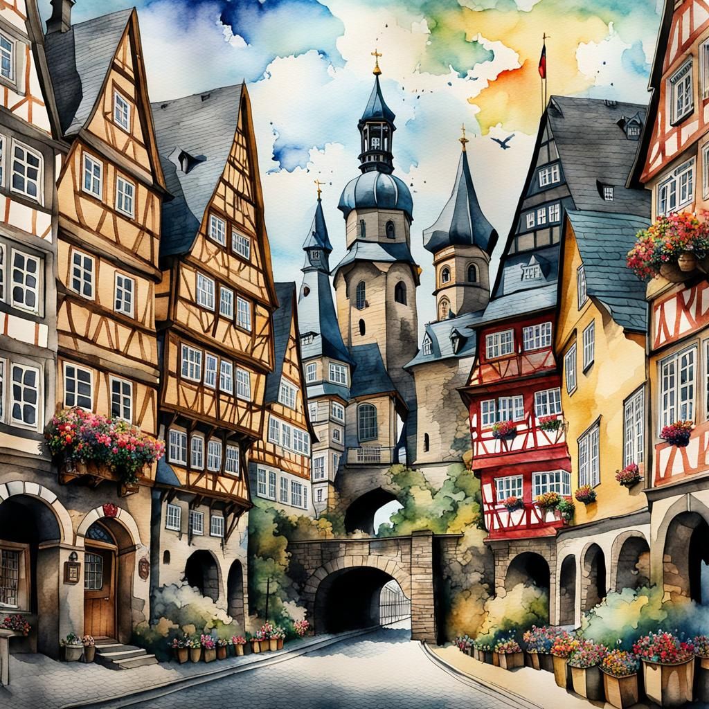 Iconic Germantravel destinations and landmarks in ink and watercolor ...