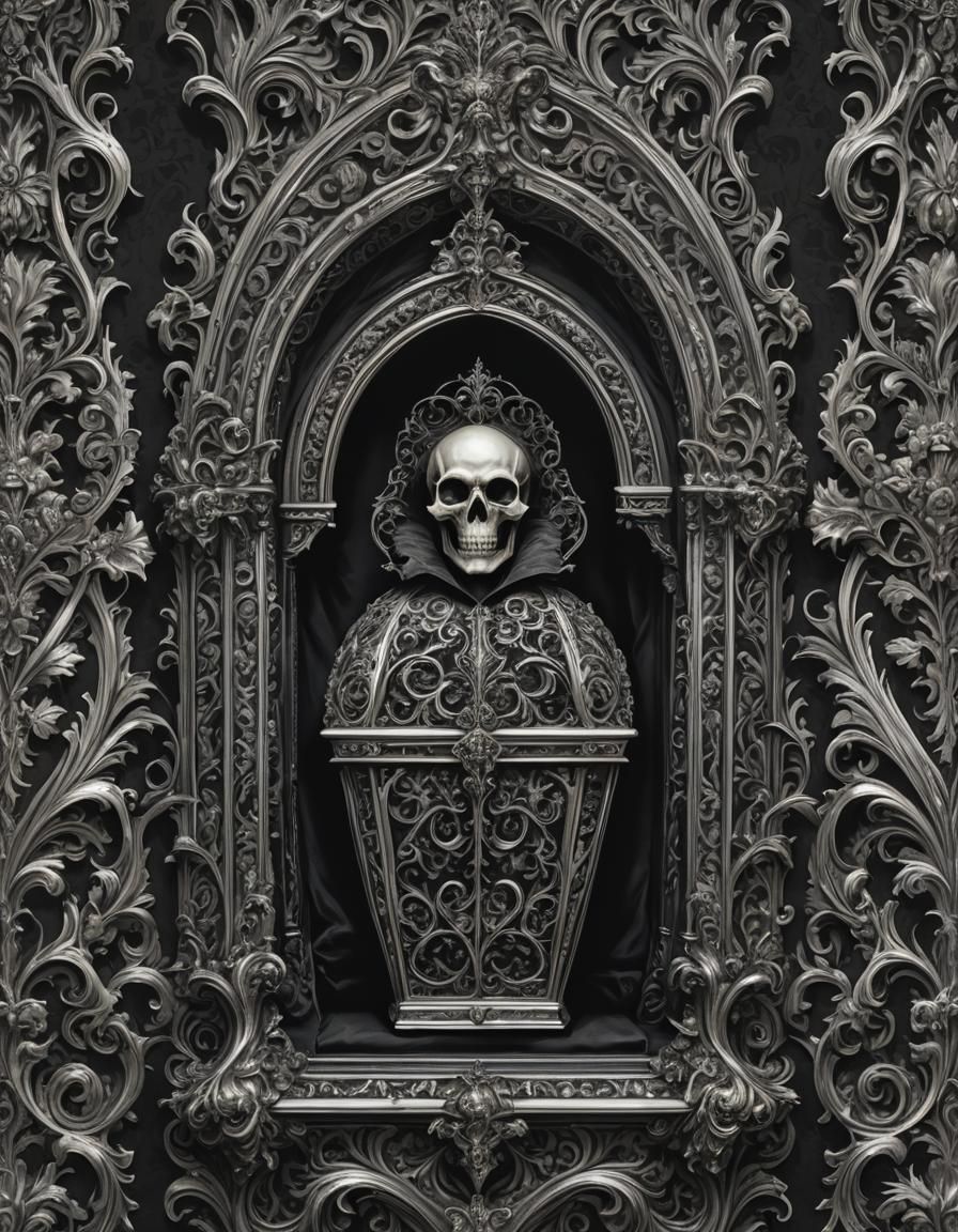 gothic all-black damask silver coffin open casket victorian dead funeral art - AI Generated ...