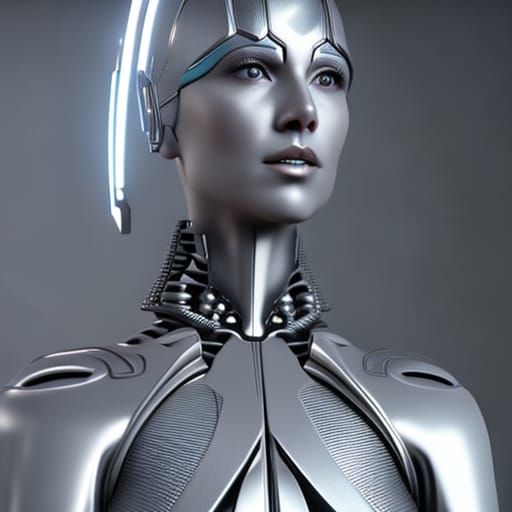 A female android, slim and in silver Steele, full body image, in a ...