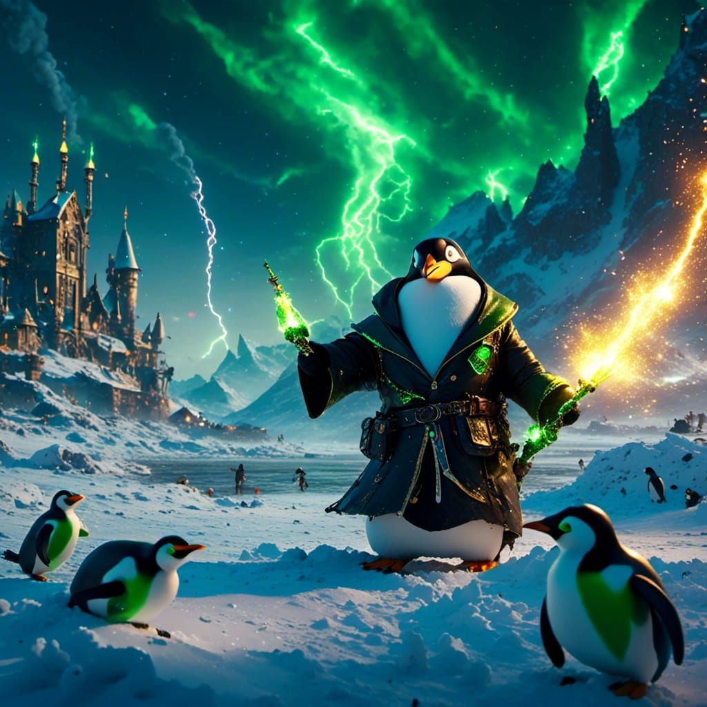 Action scene of young penguin warrior rushing forward and old penguin ...