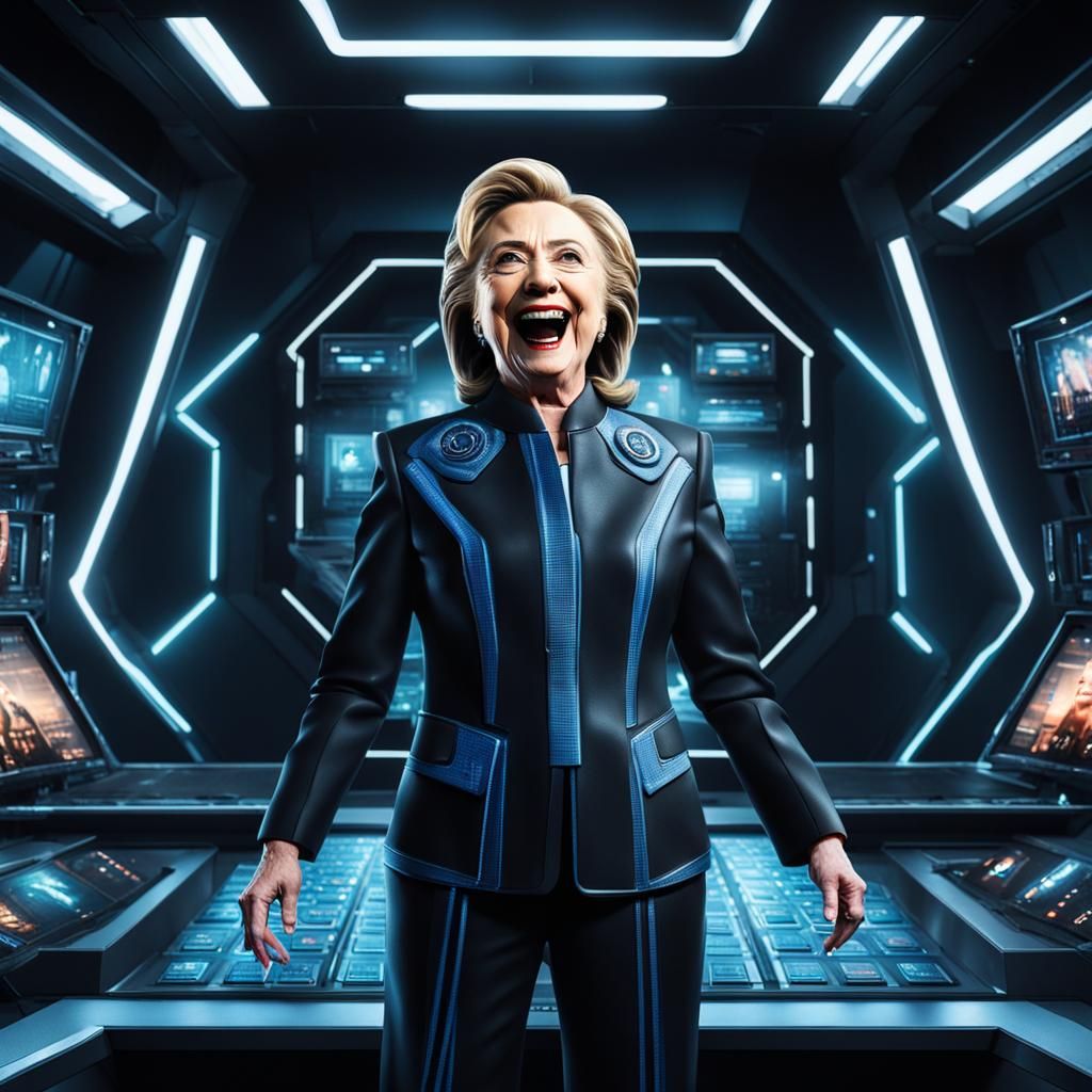Maniacally laughing evil Hillary Clinton in dark futuristic suit ...
