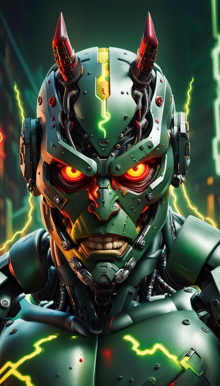 bull cyborg, half robot, large red eyes, nose ring, muscular body, DOOM ...