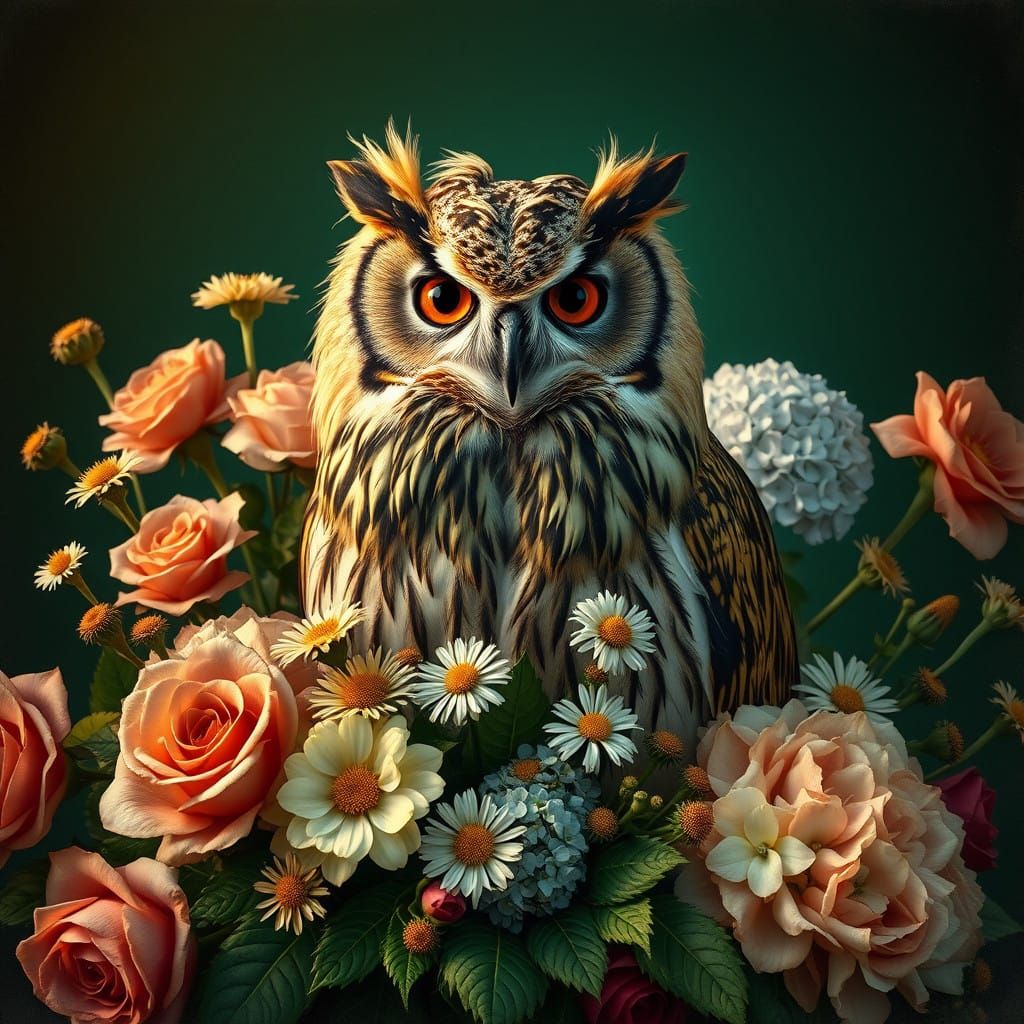 a stately portrait of an eagle owl, front view messy feathers ...