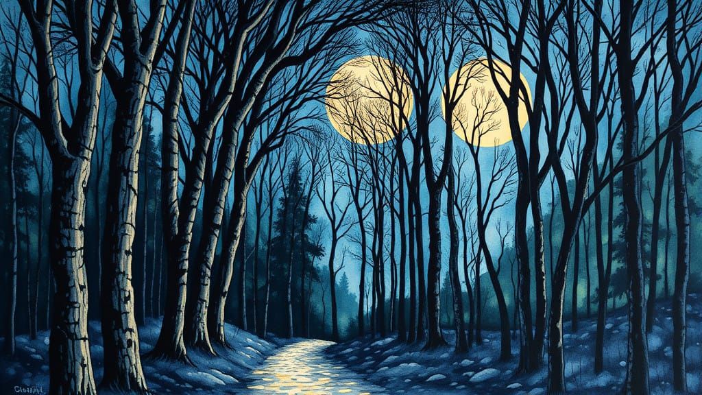 Moonlit Forest Path in Rich Blues and Yellows - AI Art