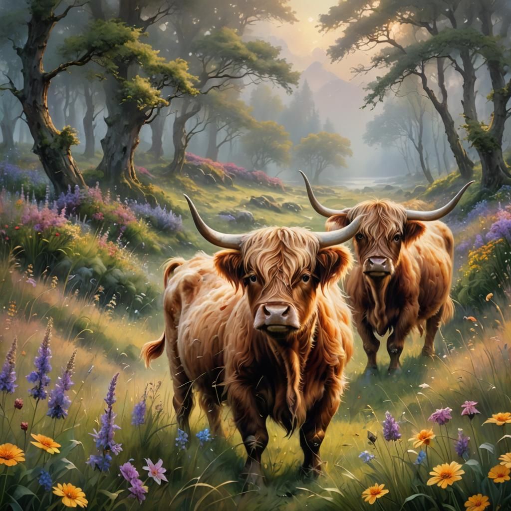 Highlandcow in the high grass and flowers together with litlle highland ...
