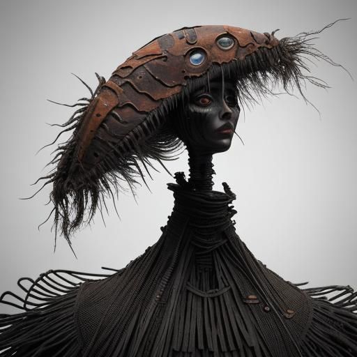 a close-up material mummy patched clay and wire sculpture with weird ...