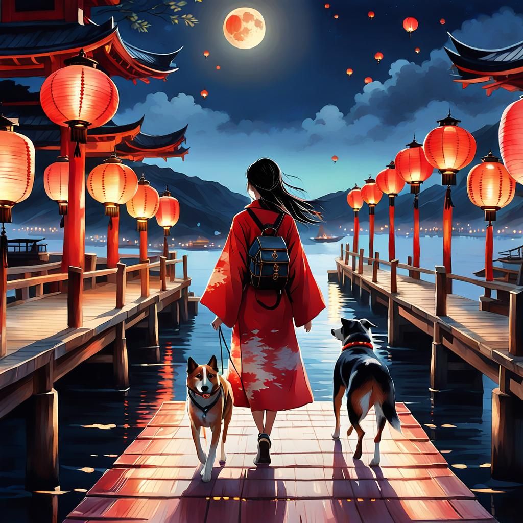 Waterside Lantern Walk - AI Generated Artwork - NightCafe Creator