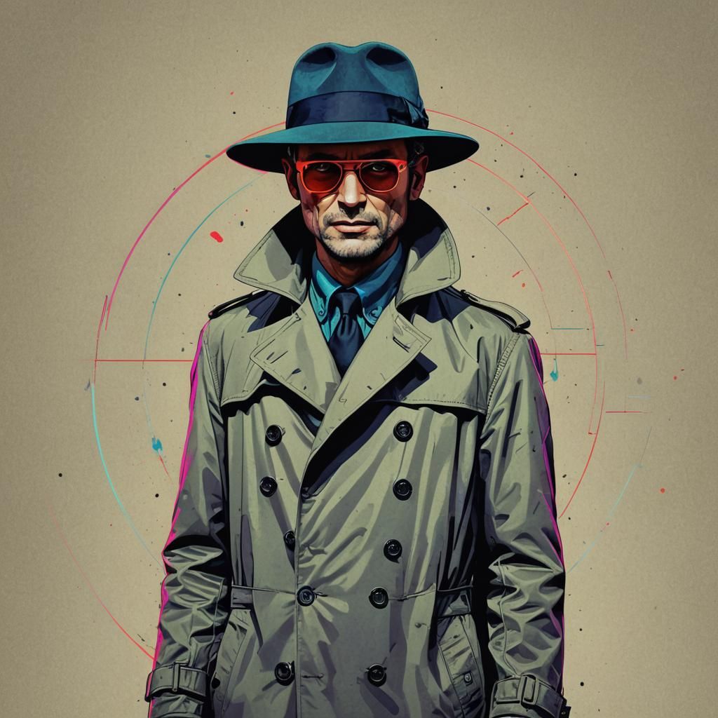 A Decteive in a Fedora hat and trench coat. moody neon of the Alien ...