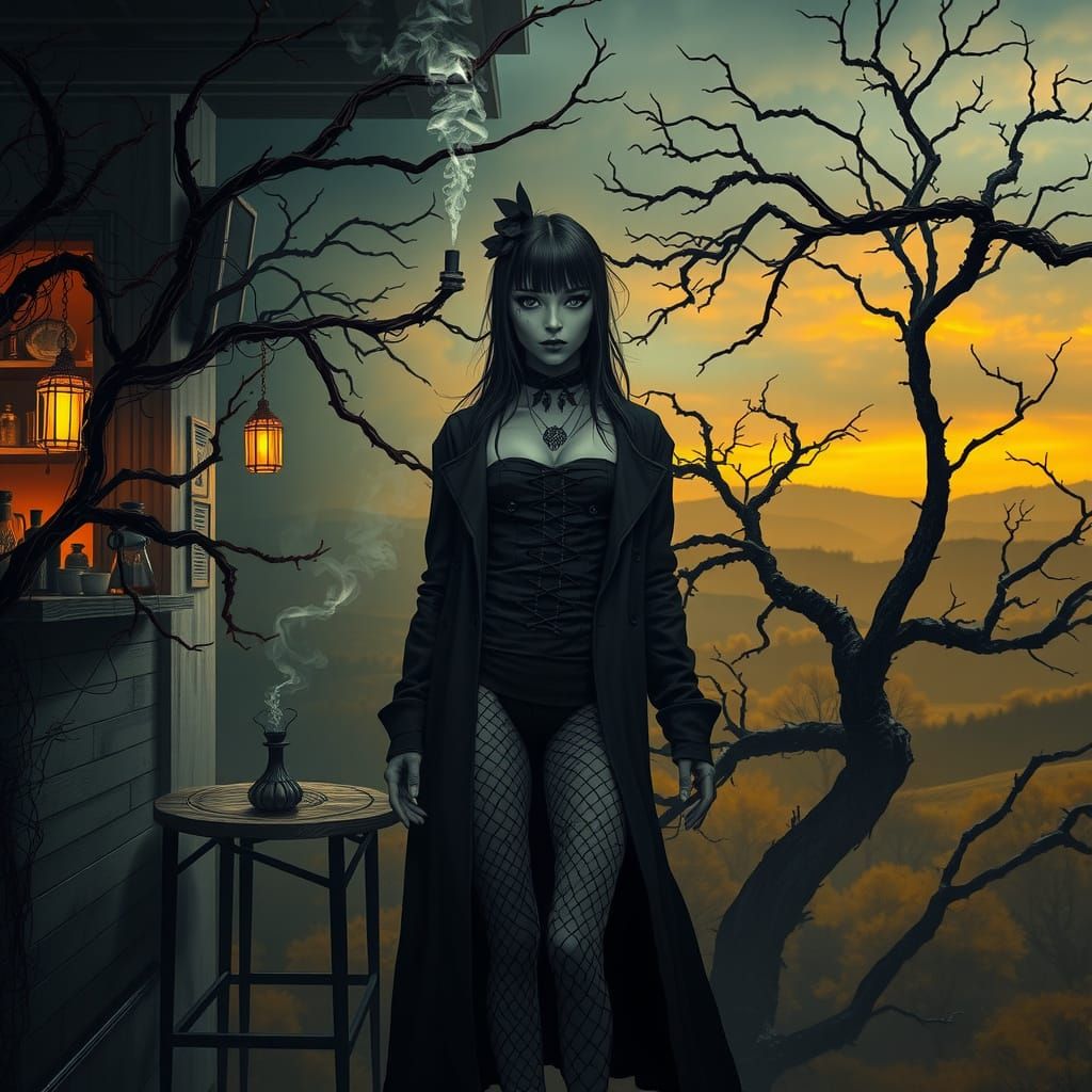 Goth Model in Eerie Amber Dreamscape - AI Art