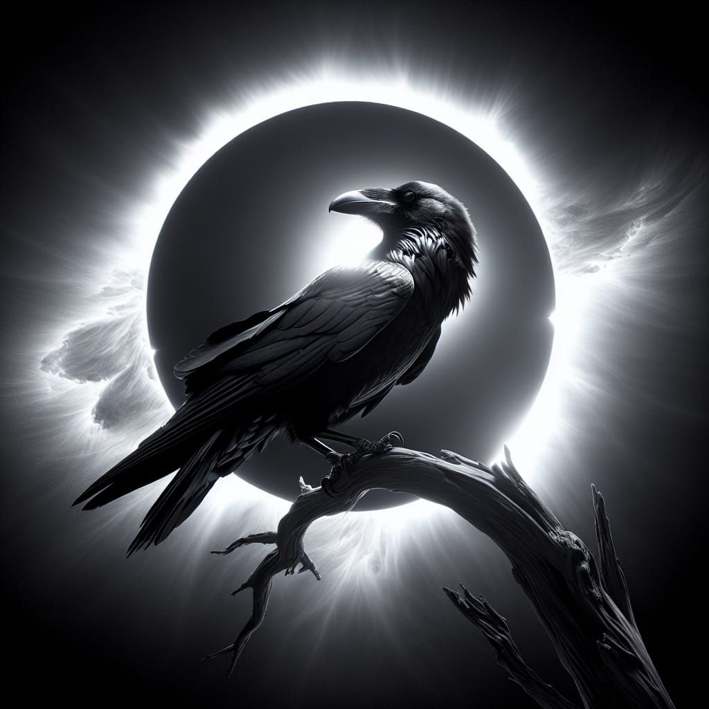 An ominous raven perched on a branch during a solar eclipse, scary ...