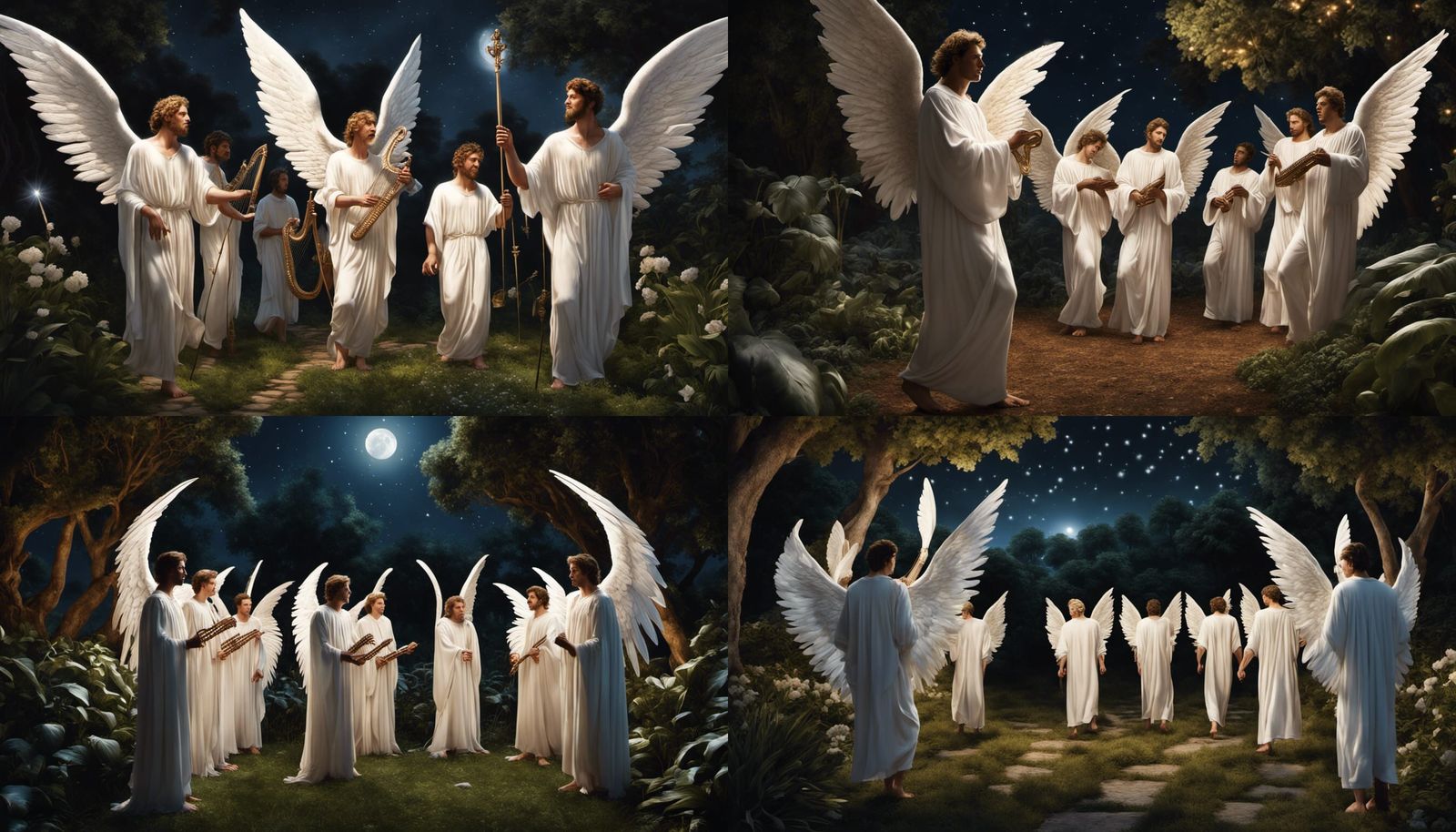 A group of male angels wearing white tunics walk in single file through ...