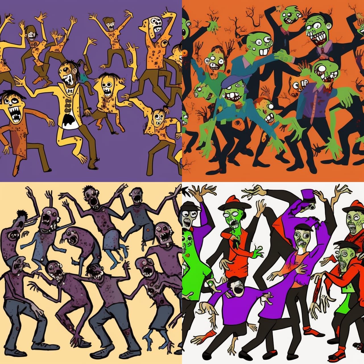 depict a group of zombies having a hilarious dance-off at a halloween ...