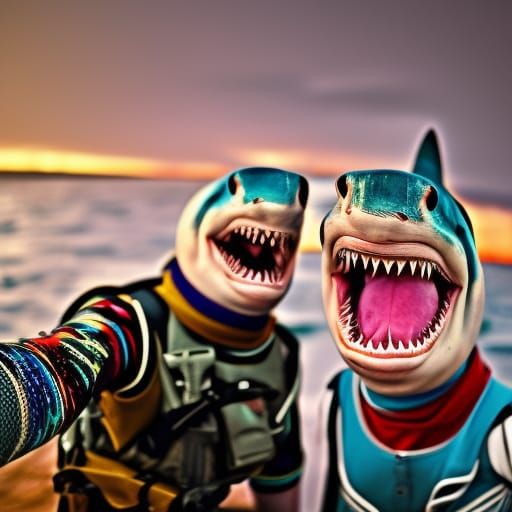"Imagine two smiling sharks taking a selfie, Epic cinematic brilliant ...