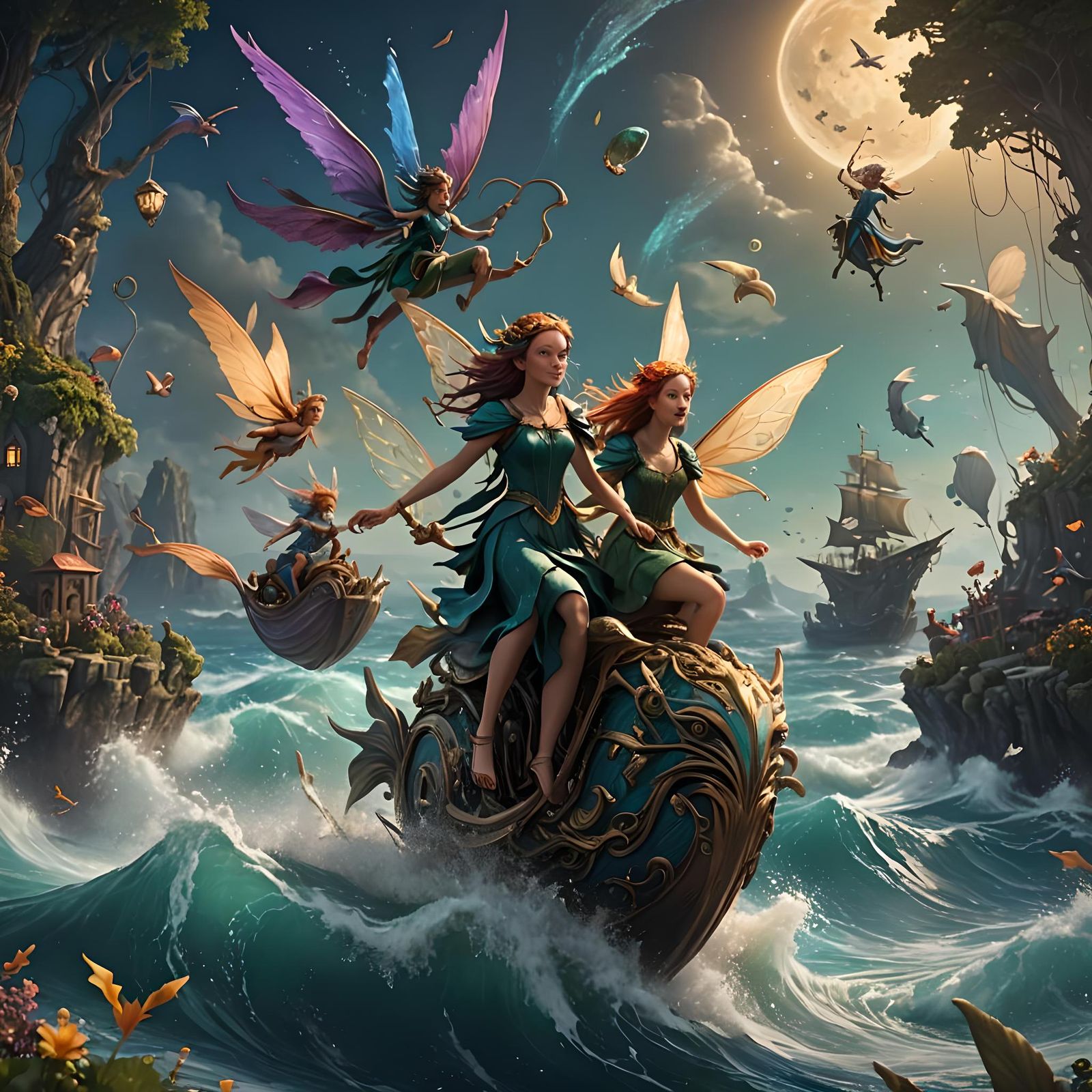 A FAIRY RIDING A DO;PHIN ON THE SEA WITH OTHER FAIRIES FLYING AROUND IN ...