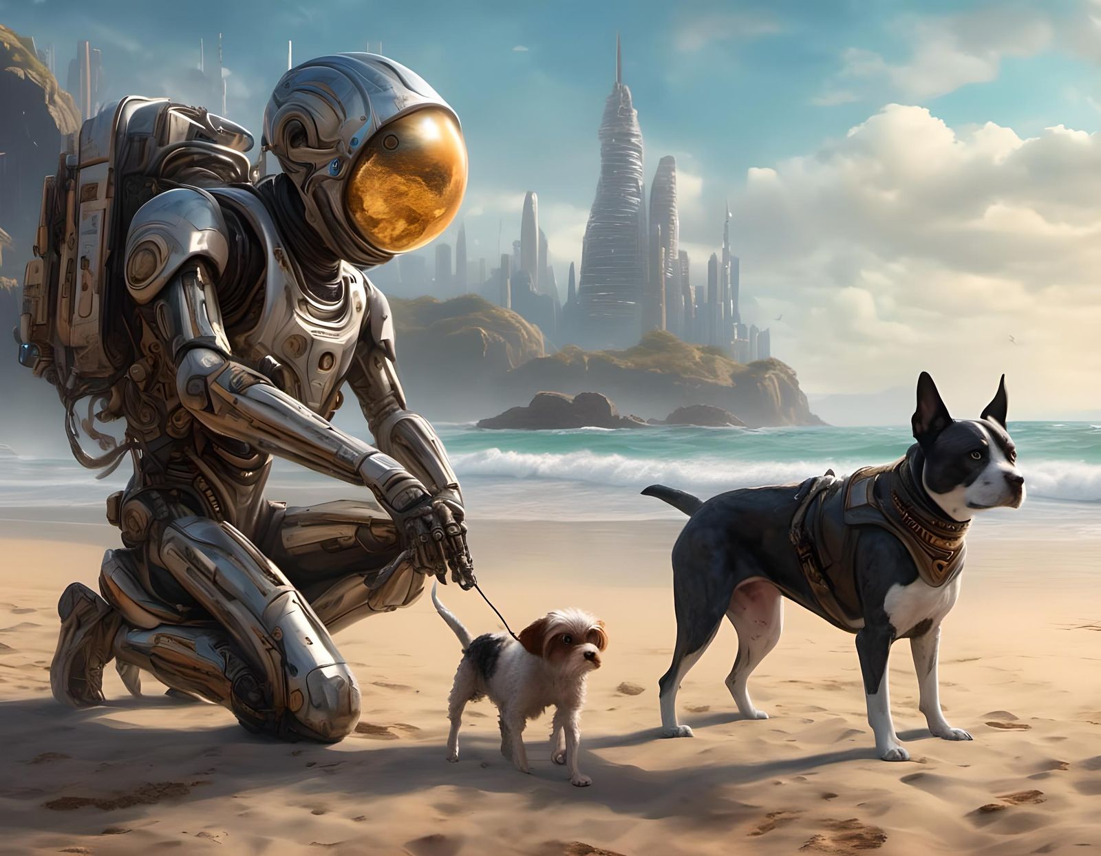 Having fun on the beach. An alien with his dogs. - AI Generated Artwork ...