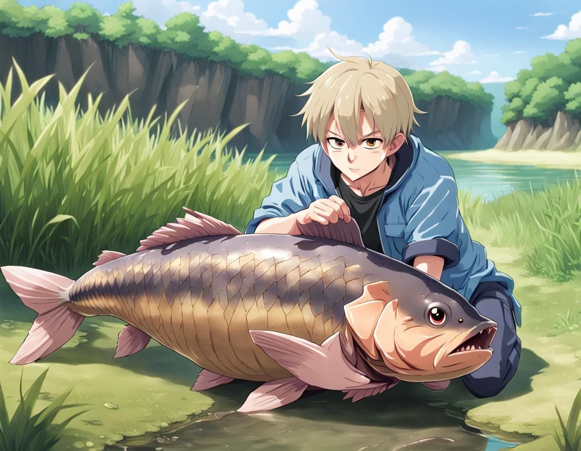 Anime version of a man crouched down holding a huge fish - AI Generated ...